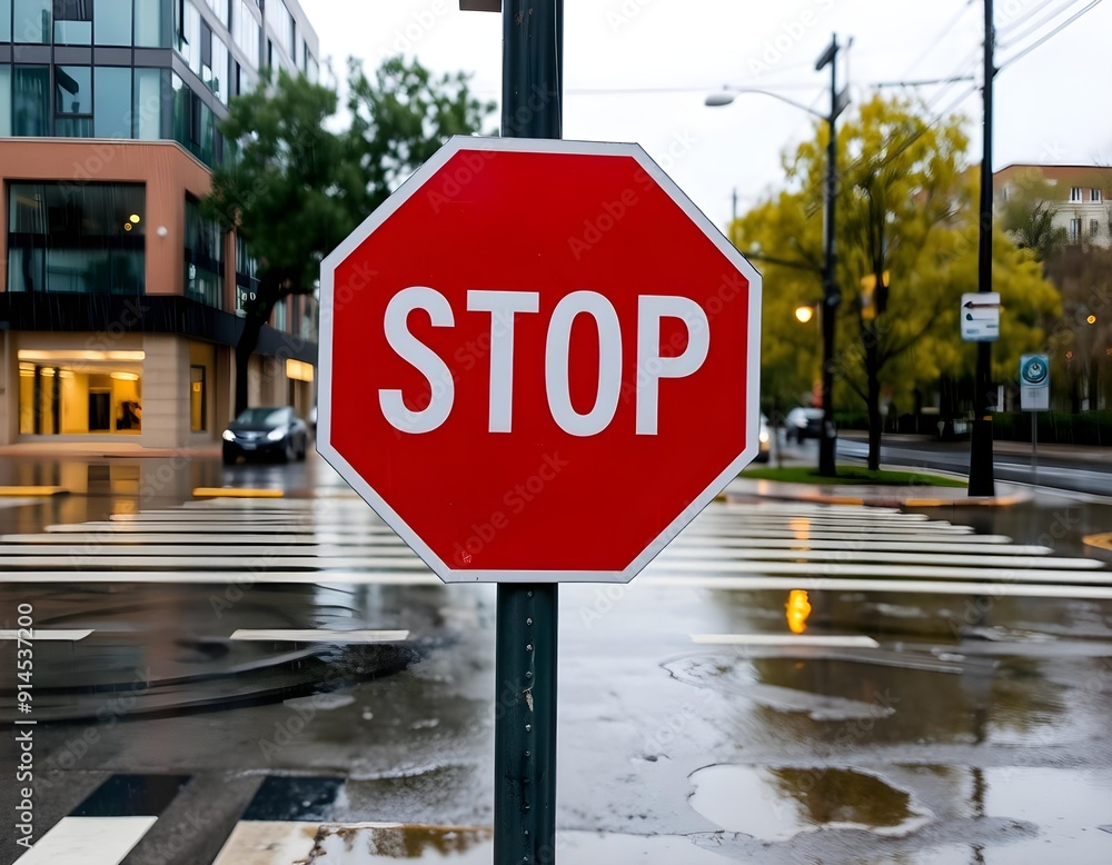 a modern stop sign with a reflective surface, framed by a rainy street ...