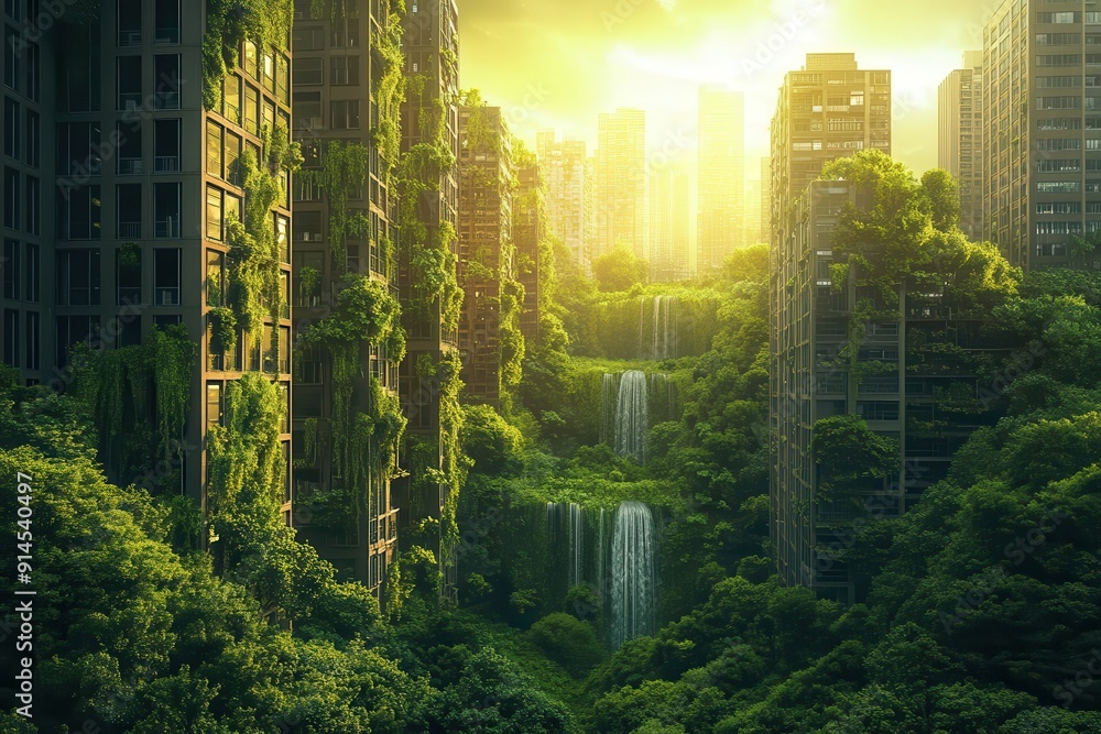 lush cityscape reimagined as verdant urban jungle skyscrapers ...