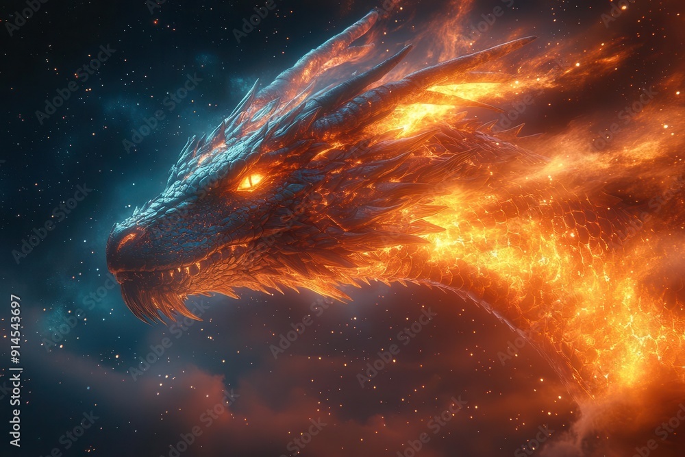 majestic dragon exhaling vibrant flames against starry night sky scales ...