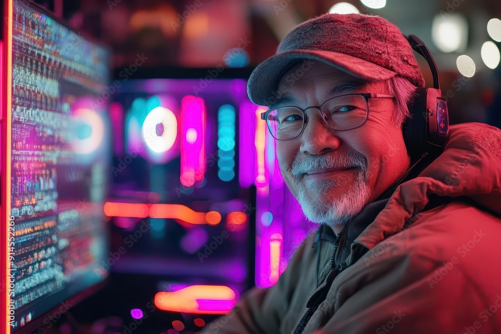 energetic senior gamer immersed in a vibrant rgblit gaming setup ...