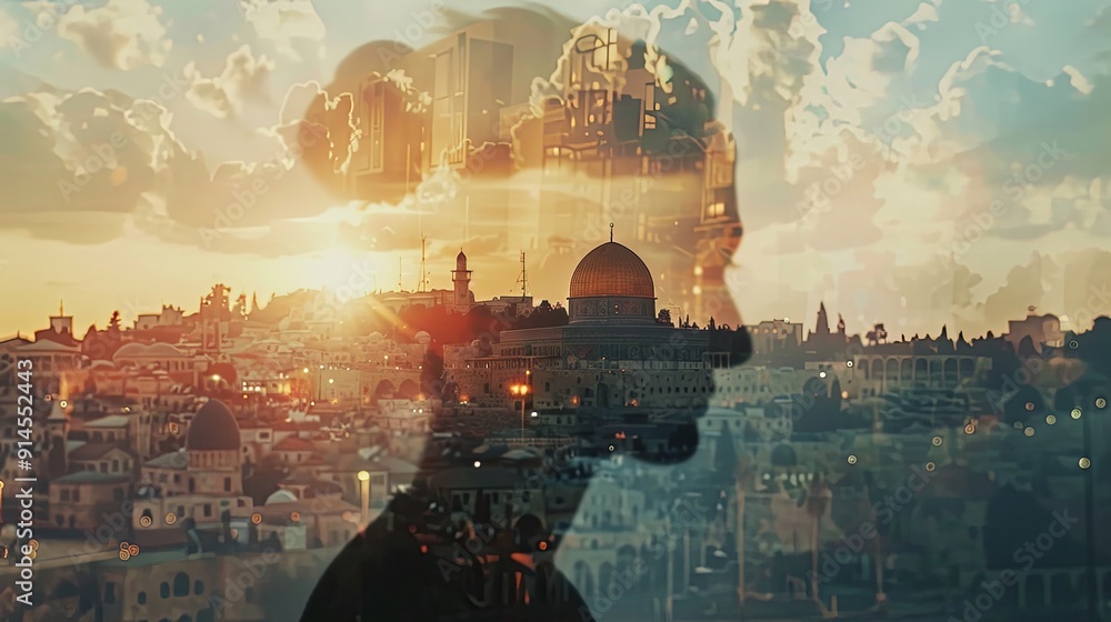 Double exposure image of the iconic skyline and religious landmarks of ...