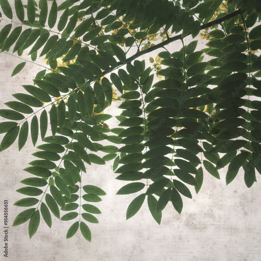 textured stylish old paper background, square, with leaves of Senna ...