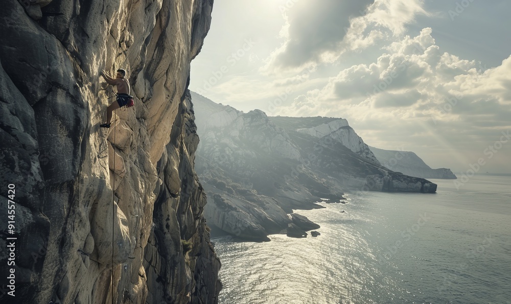 Rock climber conquering the top: a rock climber climbing a steep cliff ...