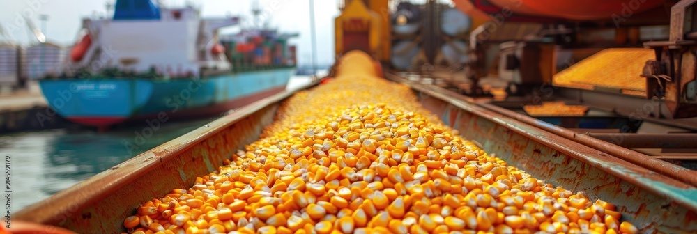 Dry cargo vessel in port loading corn for international grain trade and ...
