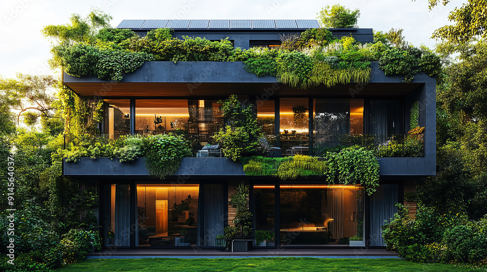 Sustainable eco-friendly building with green roofing and modern design ...