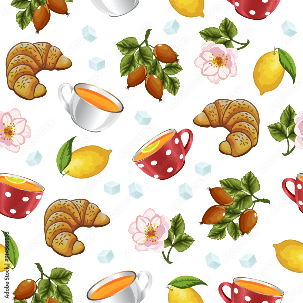Tea cups and rose hips.Vector pattern with rose hips, lemon, croissant ...