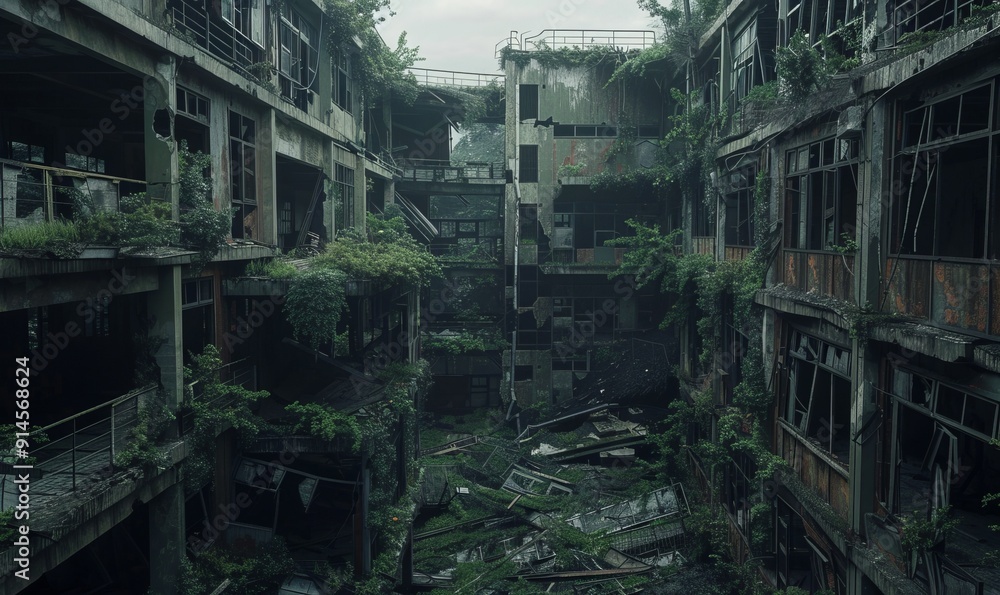 Poster Post-Apocalyptic Urban Ruins, overgrown vegetation, crumbling buildings, desolate mood ...