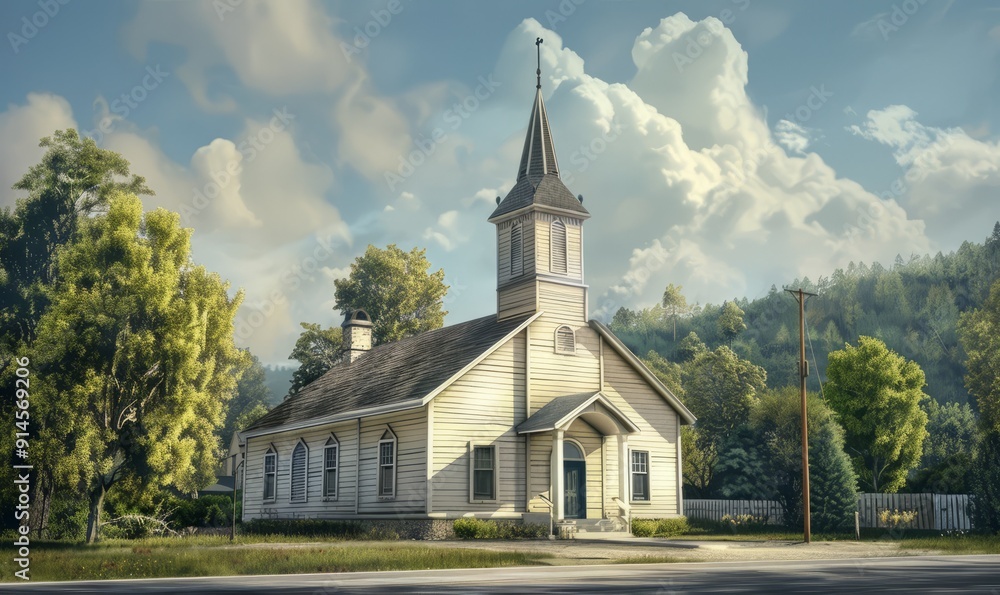 Realistic drawing of a Protestant church with a tall steeple, capturing ...