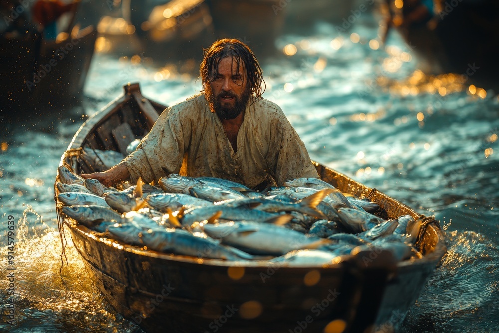Peter's boat overflowing with fish, Bible story. Stock Photo | Adobe Stock