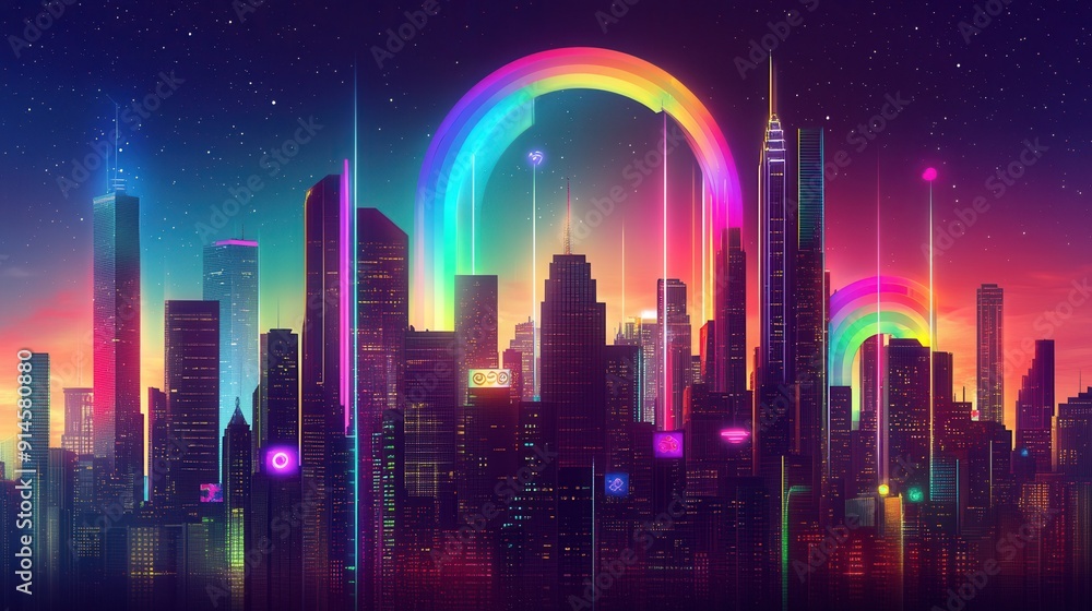 Vibrant synthwave cityscape with neon lights and LGBTQ symbols ...
