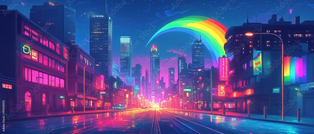 Retro 80s cityscape with colorful LGBTQ murals and neon signs creating ...