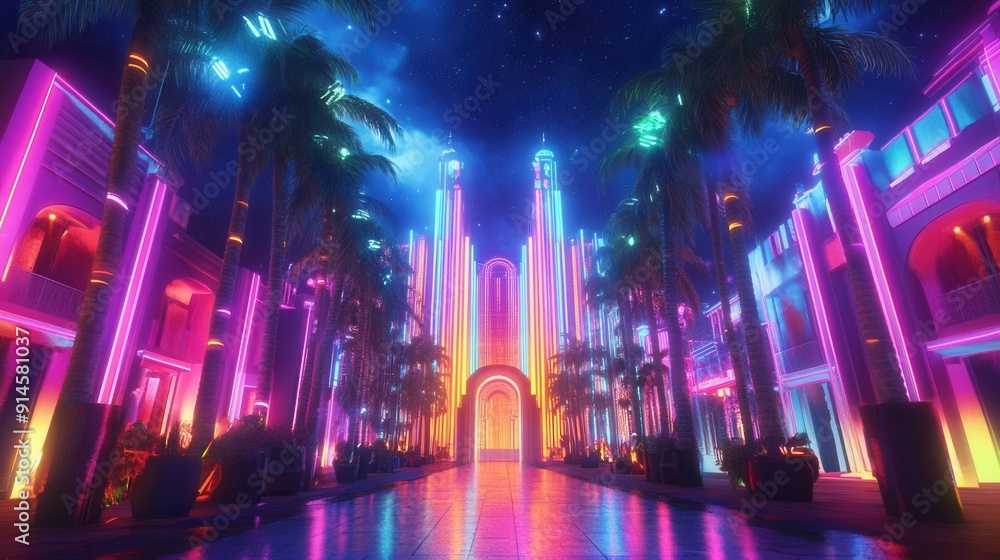 Dynamic synthwave city with LGBTQ celebrations under neon skies and ...