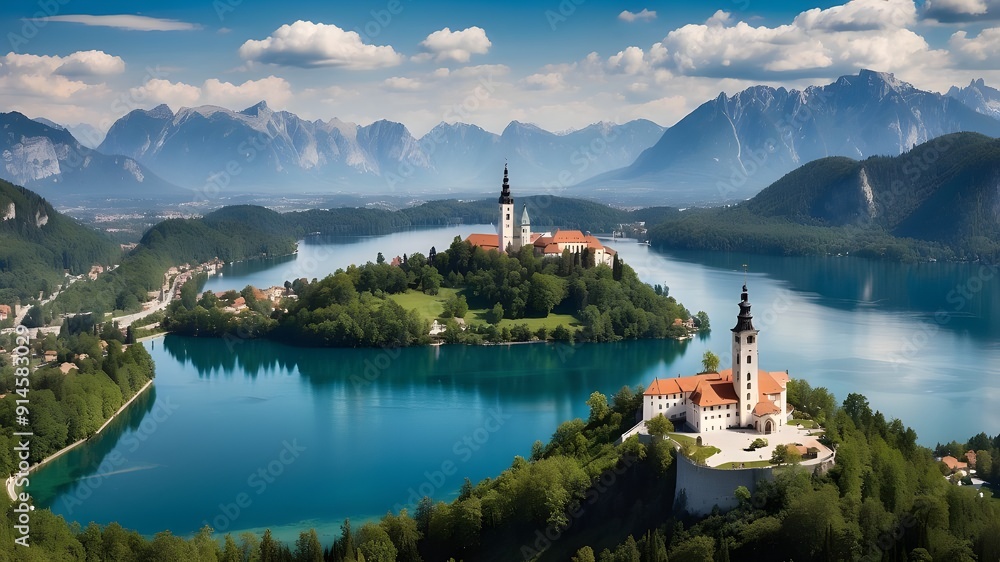 An aerial view of Slovenia's stunning Lake Bled (Blejsko Jezero) during ...