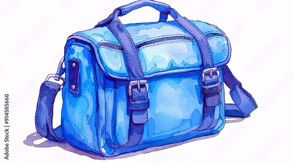 This watercolor illustration showcases a blue fashion bag with ...