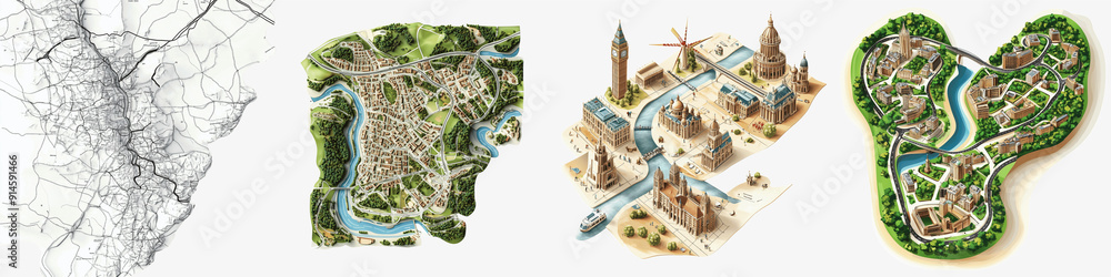 set of Scalable graphics of a detailed map with landmarks and routes ...
