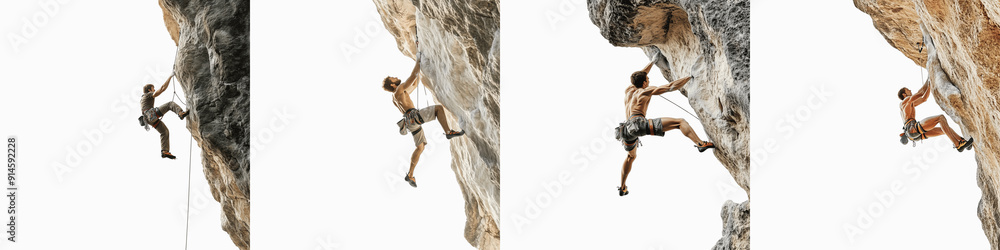 set of A rock climber hanging from a cliff, edgeSuspended in Adventure ...