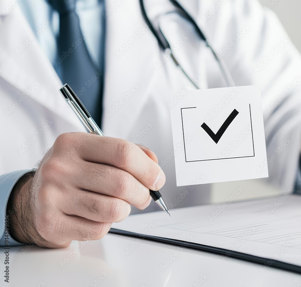 Doctor completing a patient satisfaction survey, marking important ...