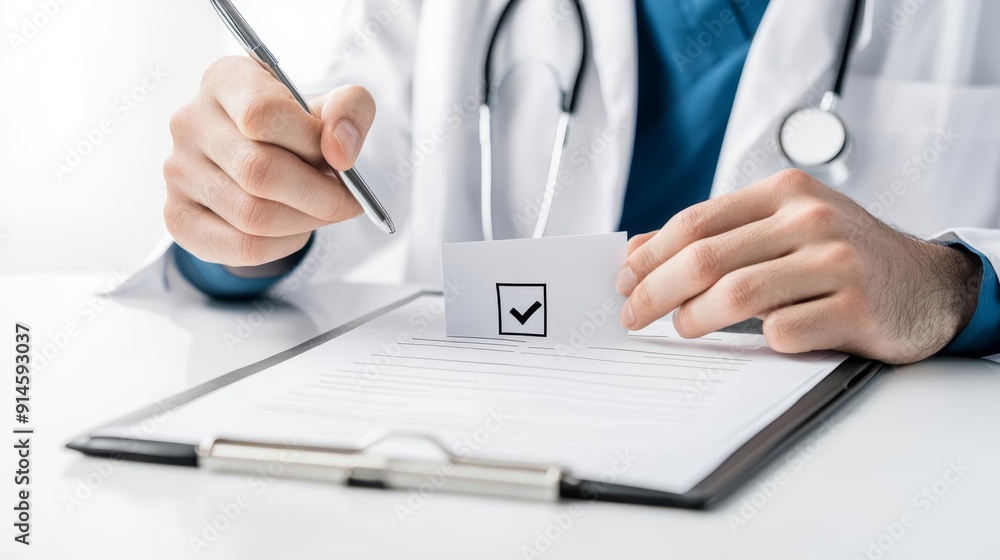 Doctor completing a patient satisfaction survey, marking important ...