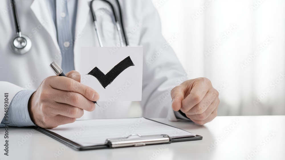 Doctor completing a patient satisfaction survey, marking important ...