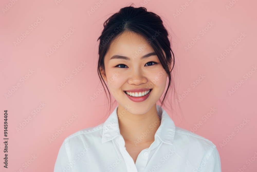 Funny, humorous, and happy Asian woman laughing in studio on pink ...