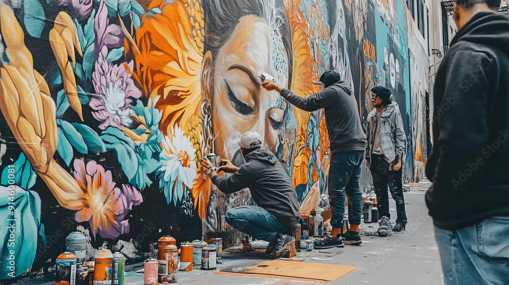 Street art mural depicting faith and spirituality with artist and ...