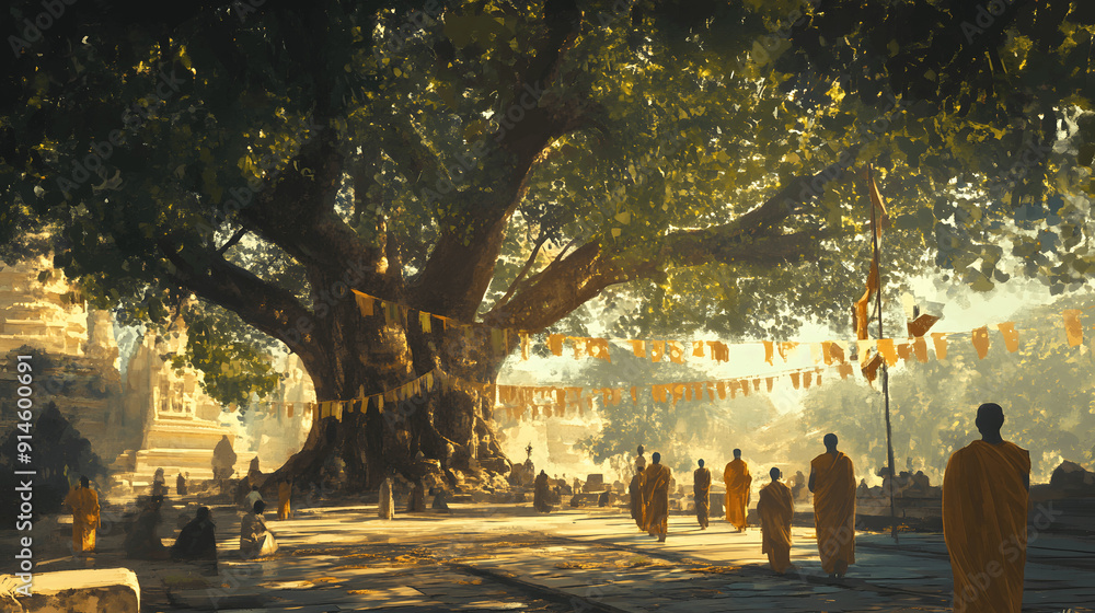 Serene depiction of sacred Bodhi Tree in Bodh Gaya with prayer flags ...