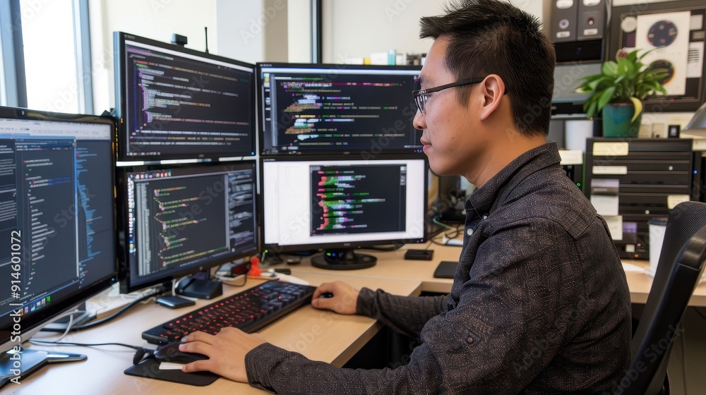 A focused programmer types on a keyboard as lines of code appear on ...