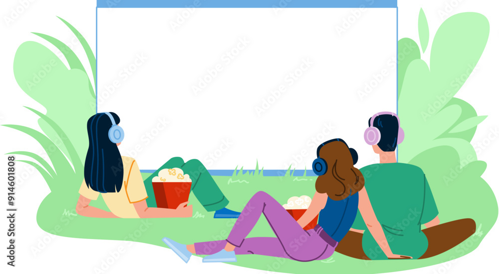 movie outdoor cinema vector. outside screen, night theater, watching ...