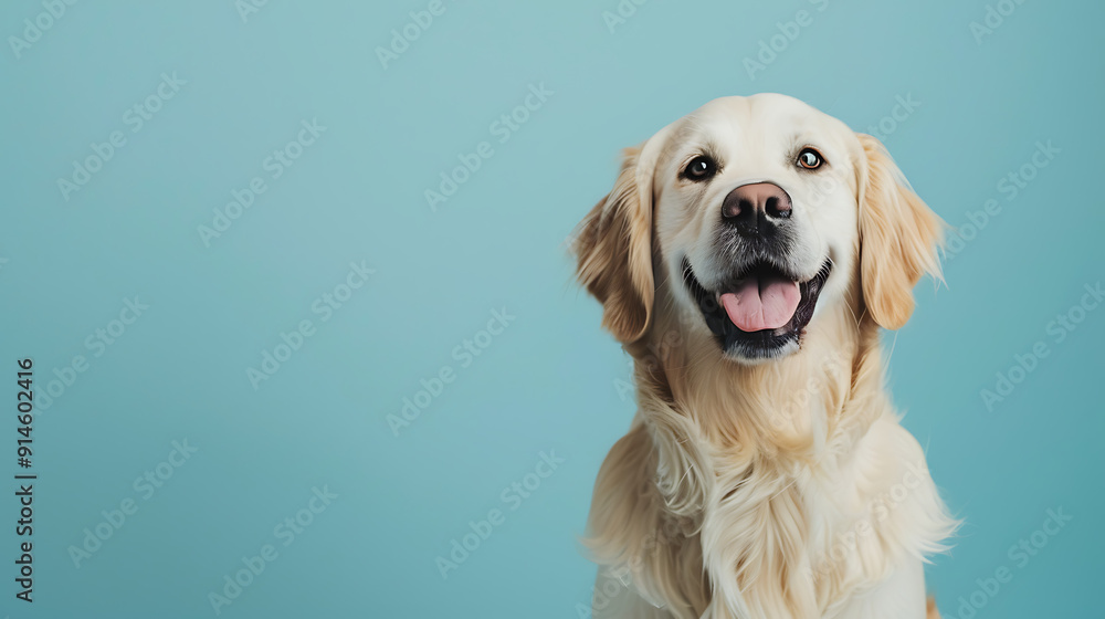 a young golden retriever with a creamy white coat, sitting against a ...