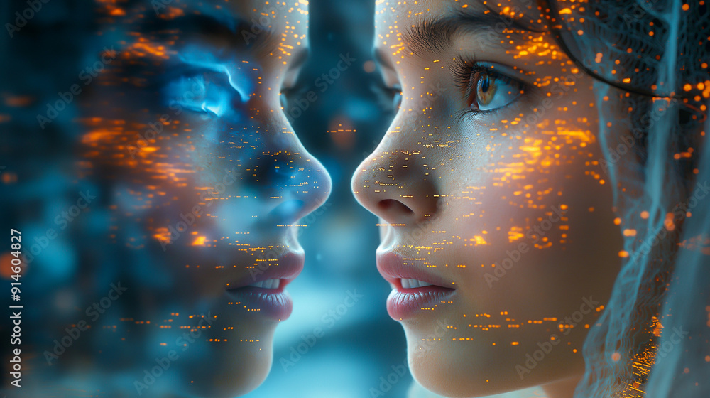 Digital Native Concept, Little Girl Facing her Online Reflection Twin ...