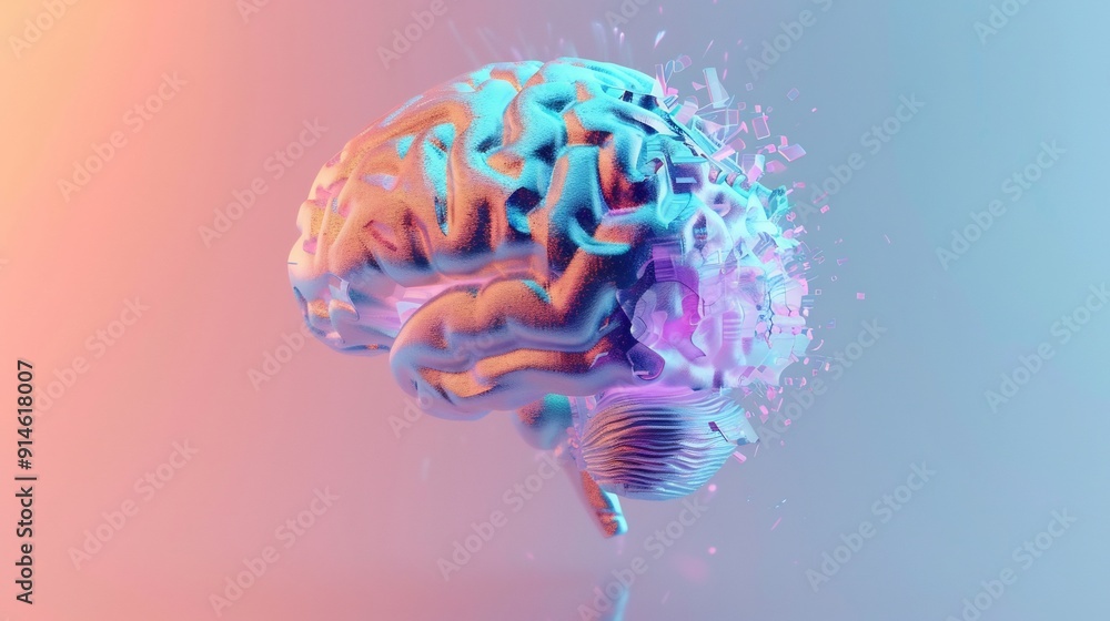 dramatic theme, dissolving brain on the right, intense lighting, bright ...