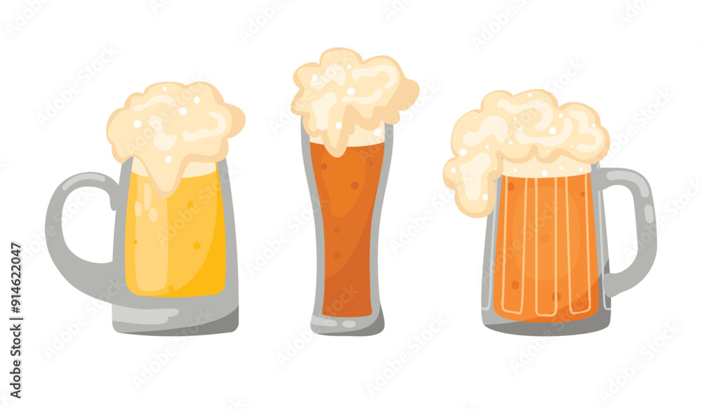 Cartoon collection of glasses filled with beer.Foaming drink in mugs ...