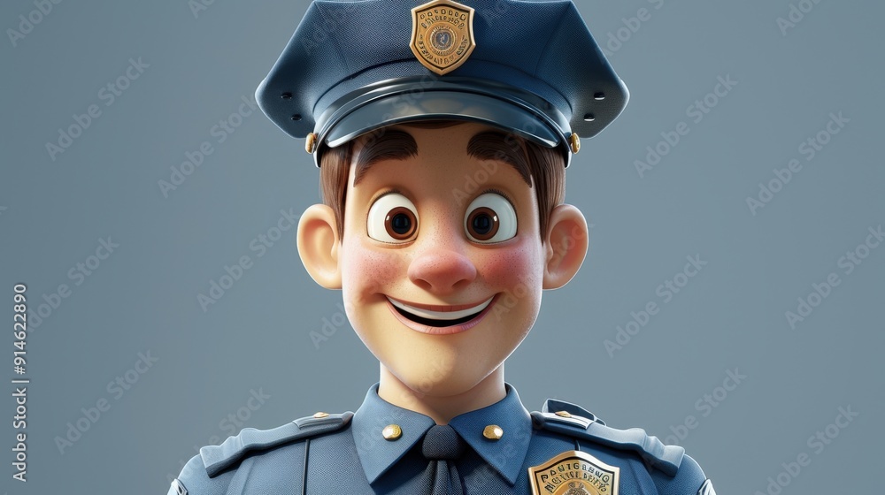 Professional 3D clipart of a smiling policeman, shown in a bright and ...