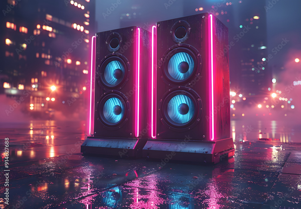 Neon nights. Retro vibes in musical entertainment speaker system ...
