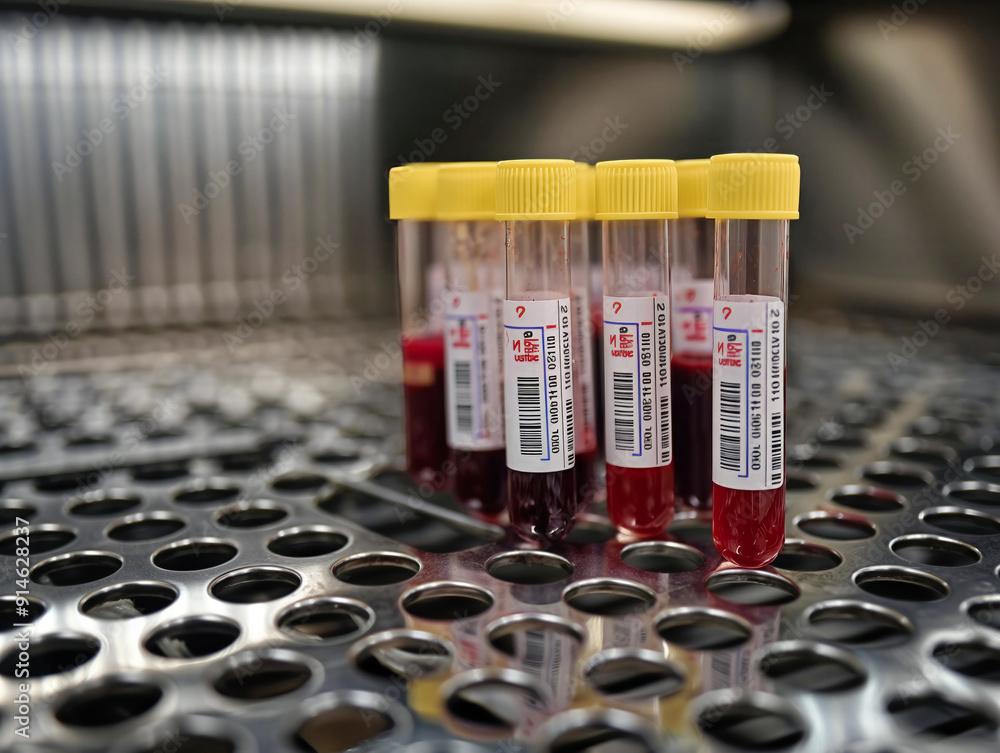A row of blood tubes are sitting on a metal tray. The tubes are labeled ...