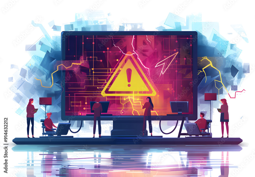 Tiny people examining operating system error warning on web page isolated flat vector ...