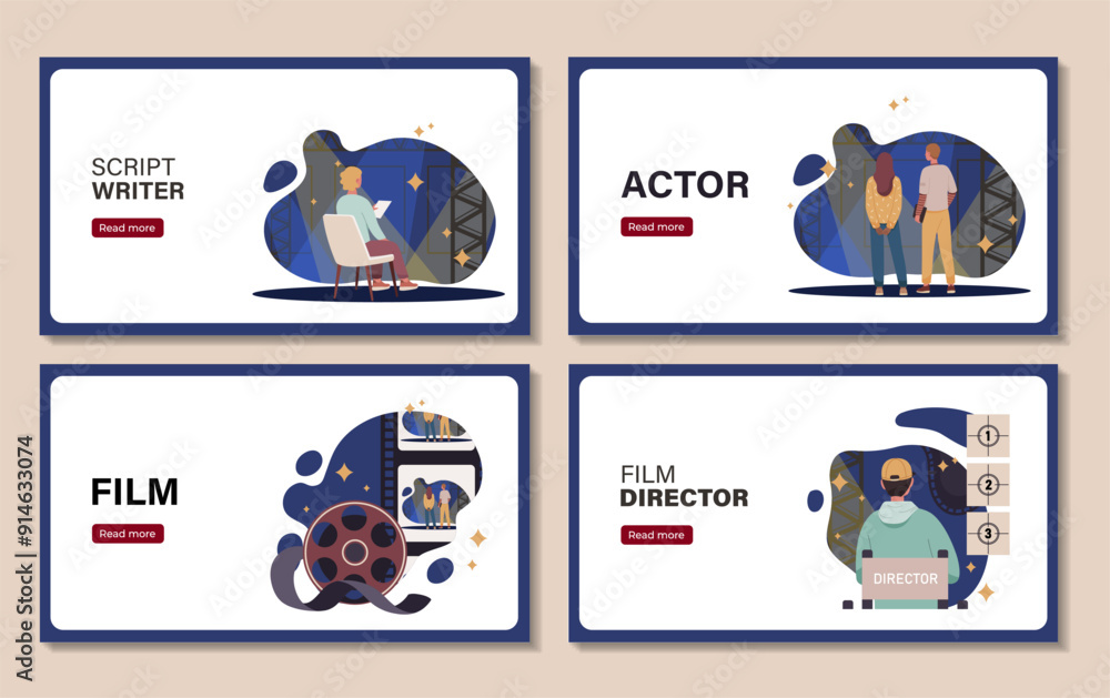 Film director posters set. Script writer and actors, film tape reel ...