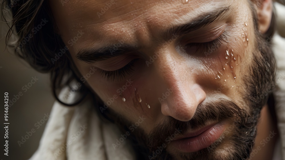 A poignant depiction of Jesus Christ in a moment of sorrow, with tears ...
