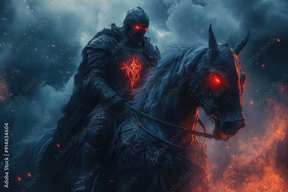 otherworldly dark fantasy knight astride demonic steed glowing red eyes ...