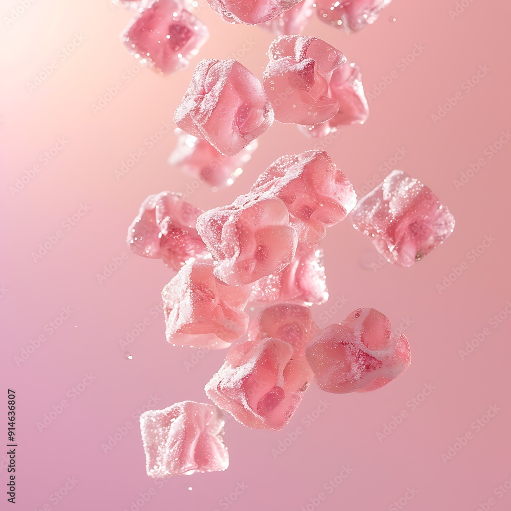 Sweet Pink Sugar Cubes Floating in the Air on Light Background Stock ...
