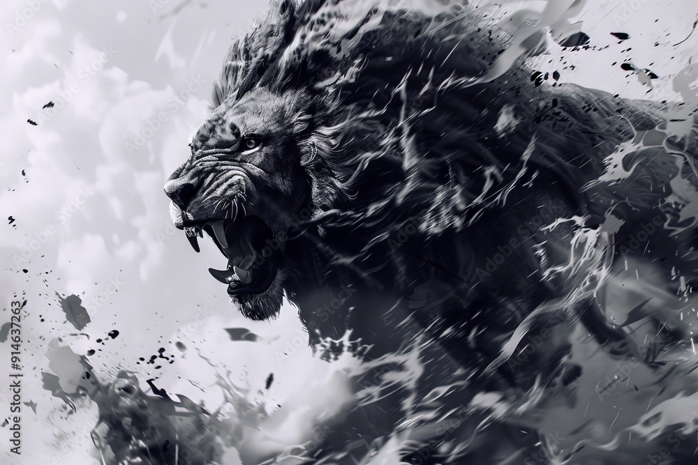 Black and grey calligraphy illustration of a lion in Chinese brush ...