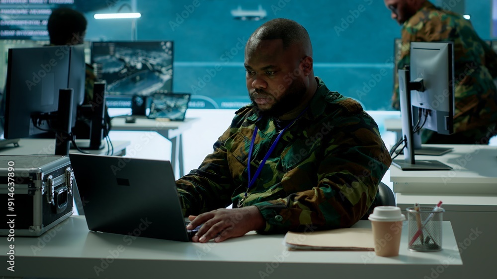 Intelligence agents in modern operations center managing surveillance ...