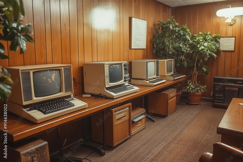retro 1980s office interior vintage computers and chunky monitors ...