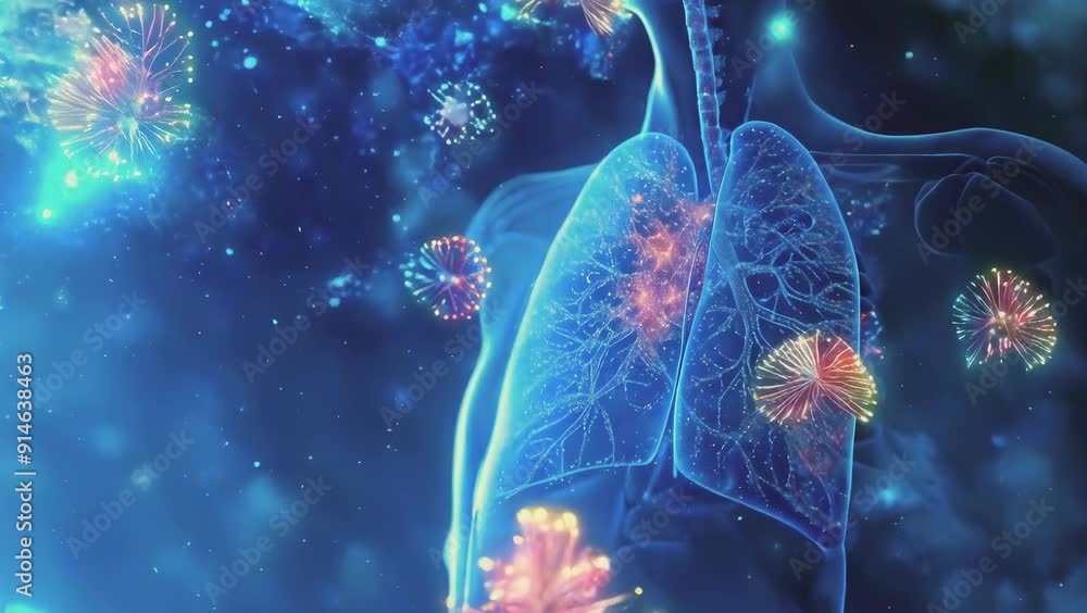 A detailed, digital 3D illustration shows the human respiratory system ...
