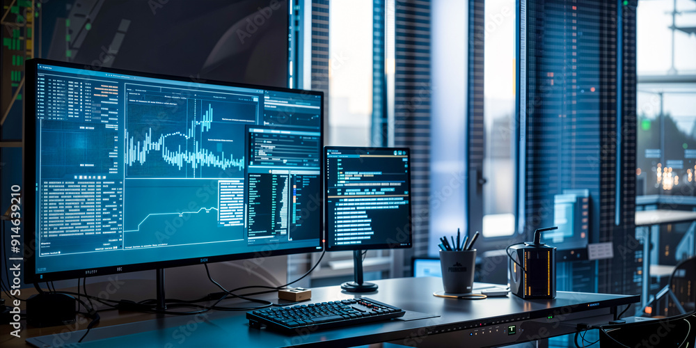 Data Visualization And Analysis Computer Monitors Display Charts Graphs And Code In A Modern
