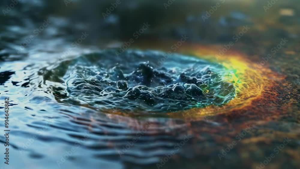 A close-up of a water droplet splashing into a puddle, creating a ...