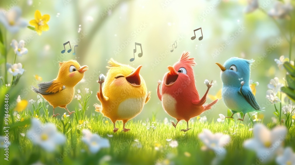 Cartoon bird characters singing together on a spring morning Stock ...
