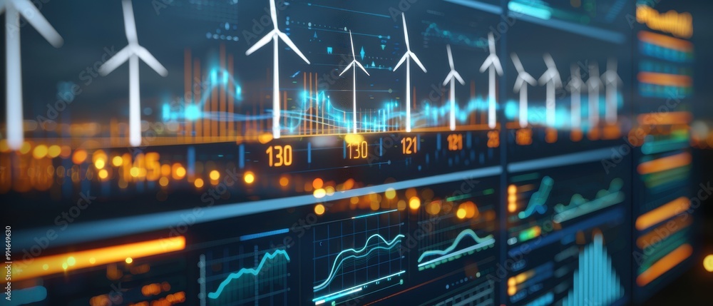 A computer screen shows a graph of wind turbines and their power output ...