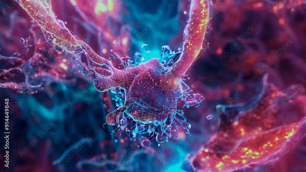 A detailed view of interconnected neural pathways with vibrant colors ...