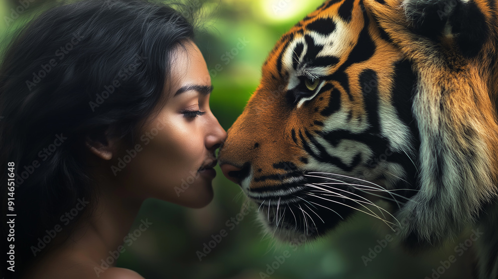 A close-up portrait of a woman touching noses with a tiger, showcasing ...